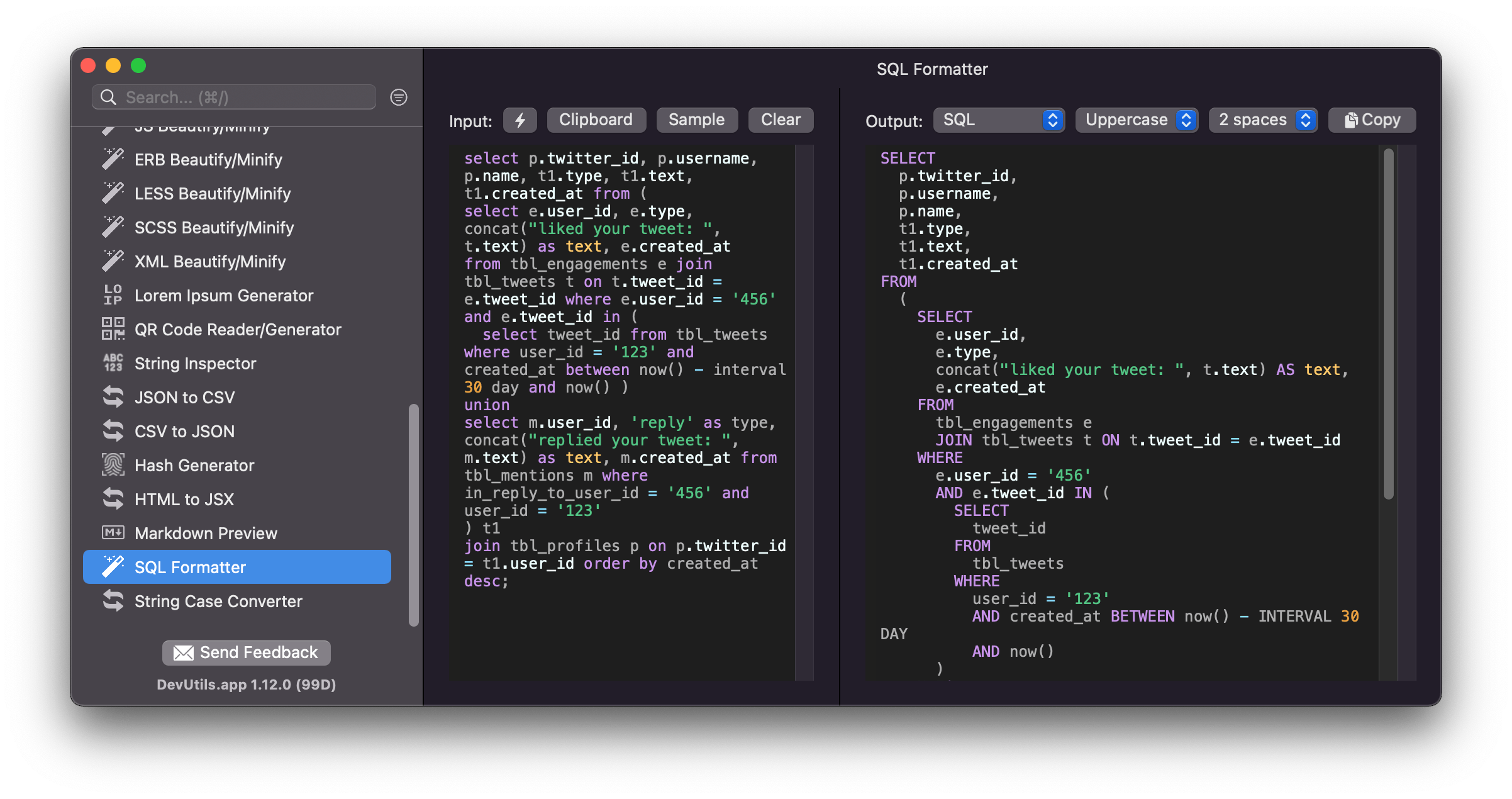 SQL Formatter Online MySQL MariaDB PosgreSQL PL SQL DevUtils app